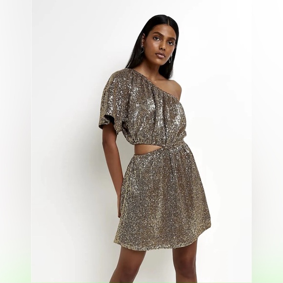 River Island | Dresses | Fun Party Dress Gold Sequin One Shoulder Cut ...